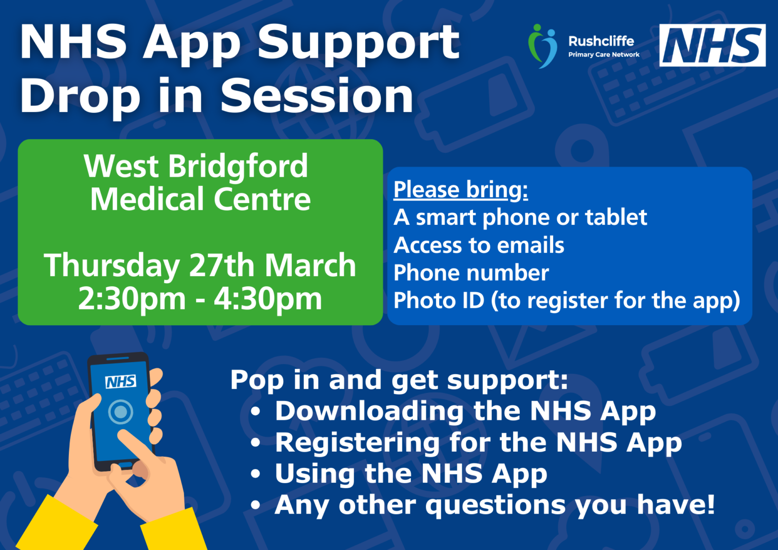 NHS App Support Session - Thur 27 March 2:30pm - 4:30pm - West ...